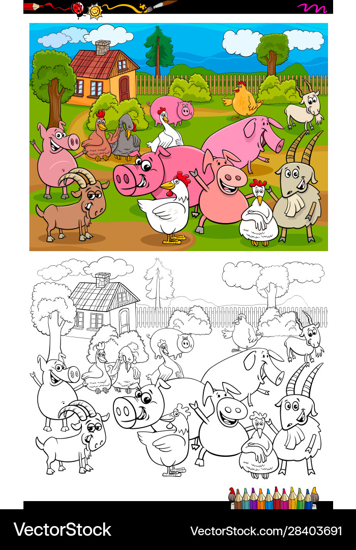 Cute Farm Animals Coloring Page Royalty Free Vector Image