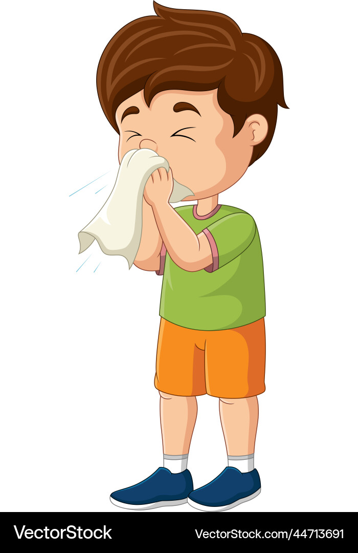 Cute little boy sneezing with blowing nose Vector Image