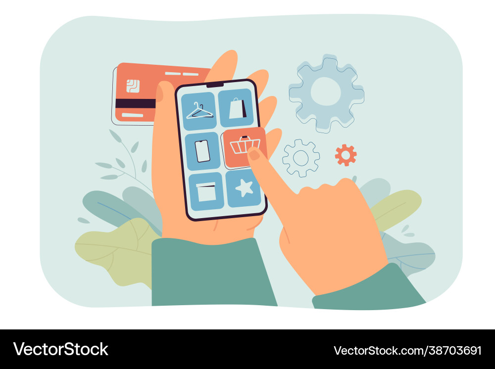 Hand customer holding smartphone and making Vector Image