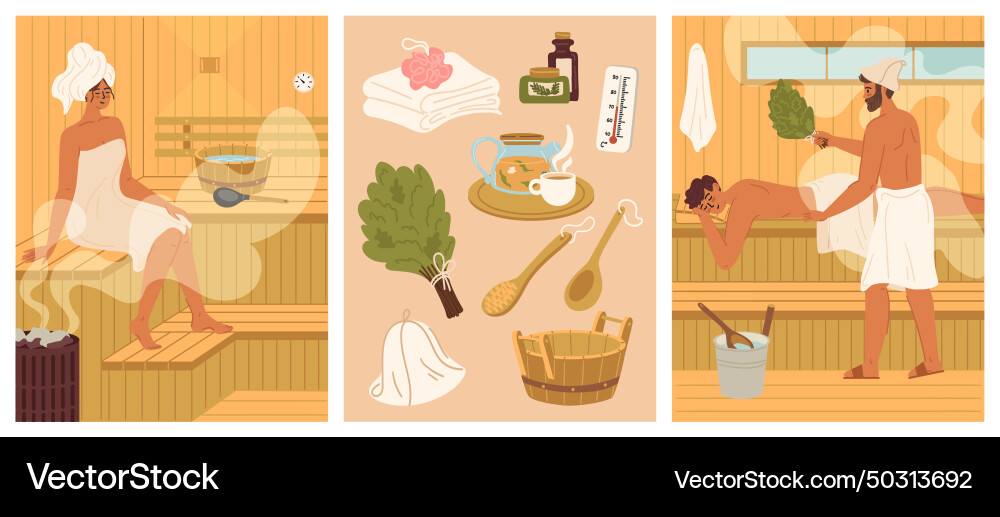 Sauna scene with relaxed people and bathing Vector Image