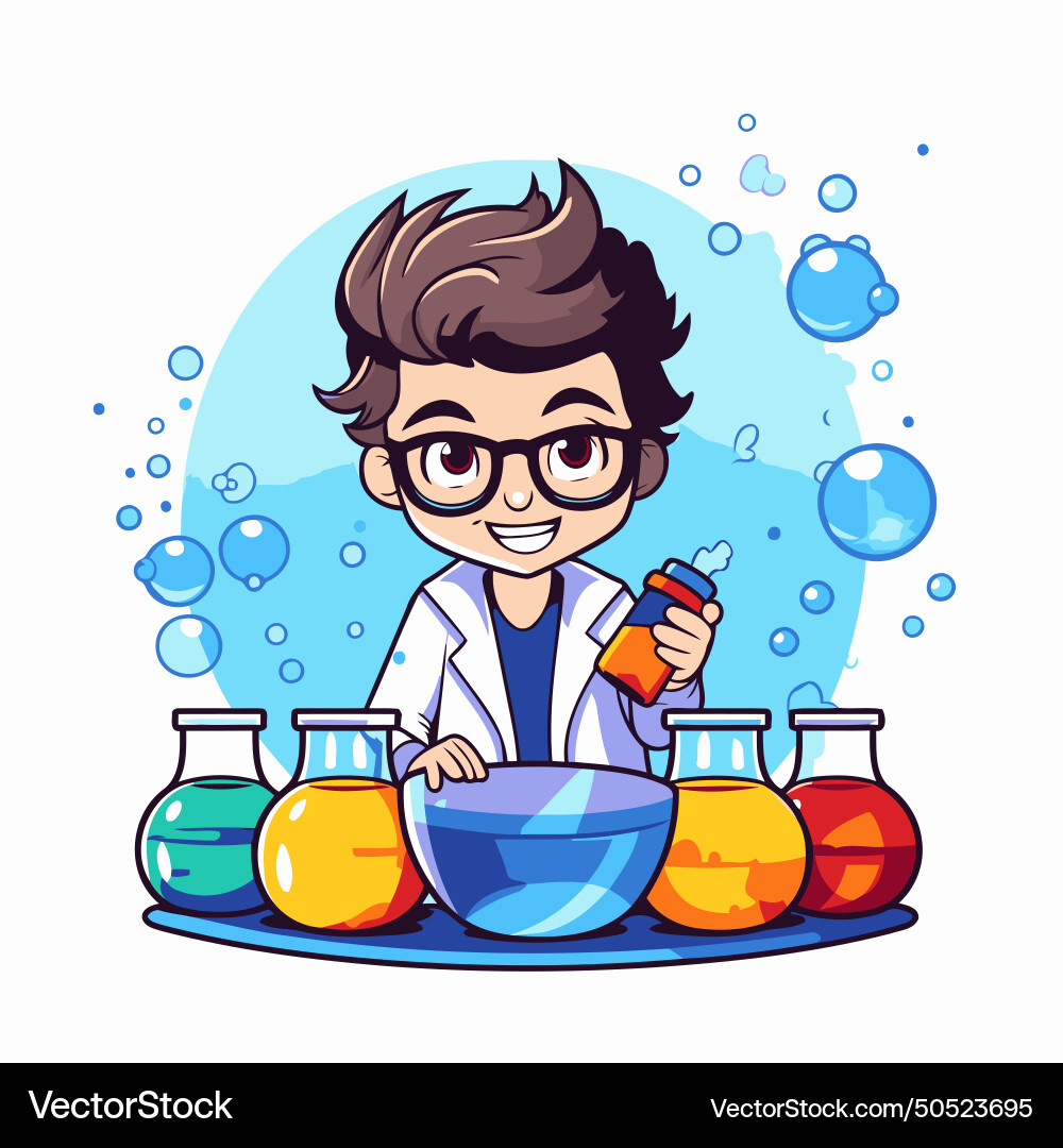 Cute little boy in science lab coat making Vector Image