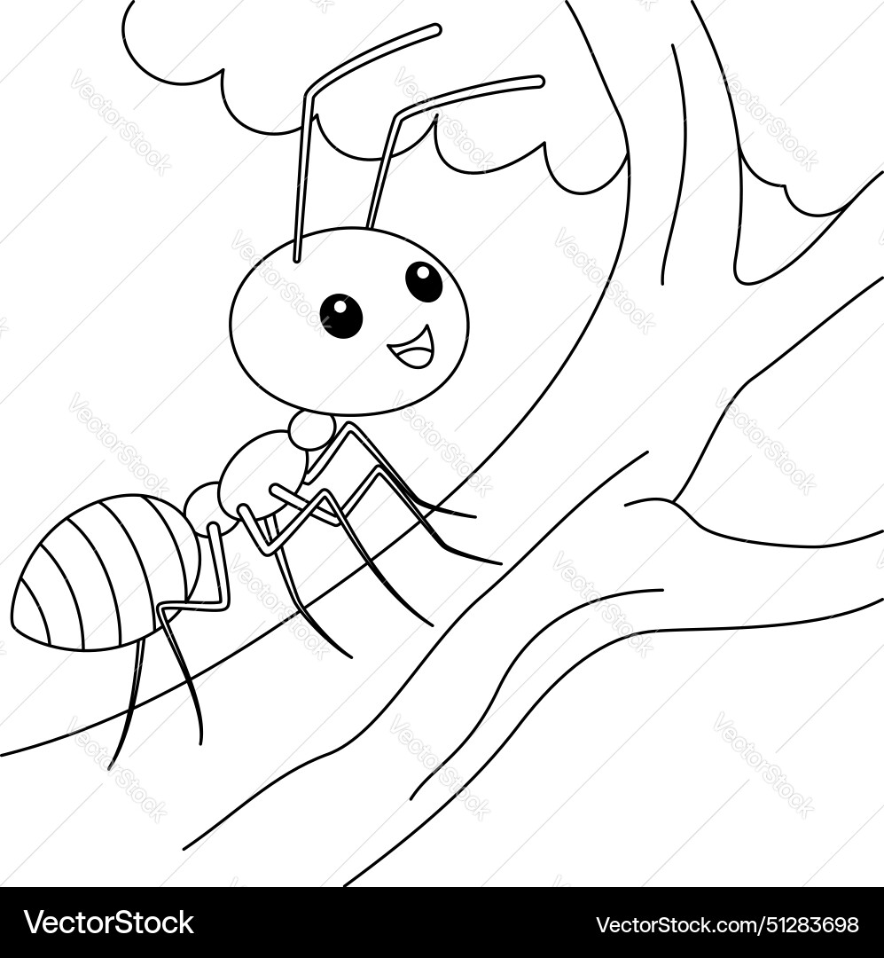 Cute kawaii ant on the tree coloring page Vector Image