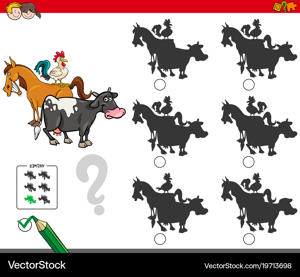 Shadow activity game with farm animals characters Vector Image