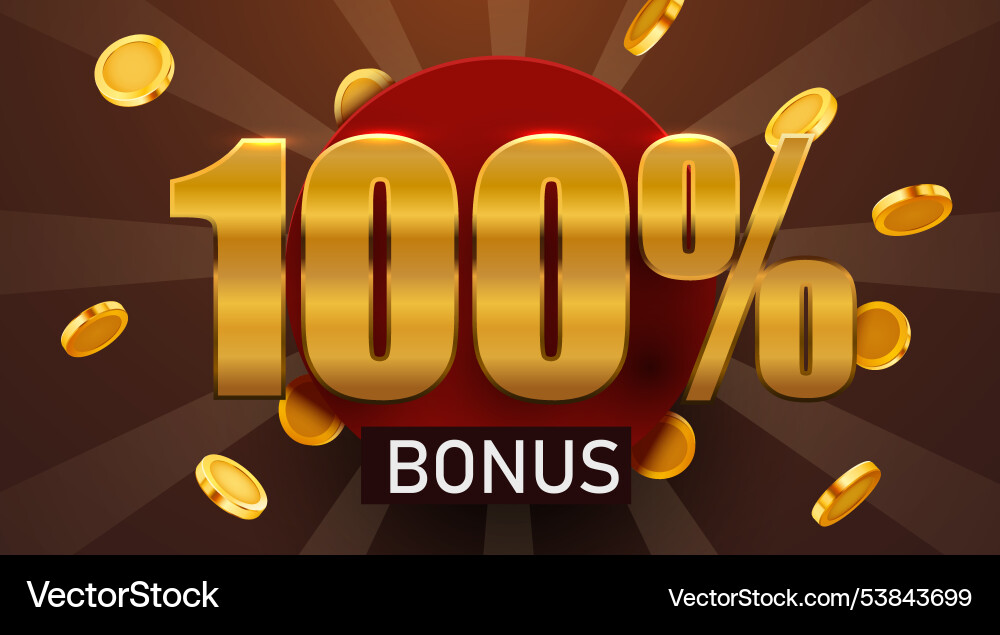 100 percent bonus with falling golden coins Vector Image