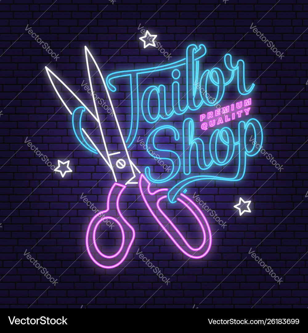 Tailor shop neon design or emblem Royalty Free Vector Image