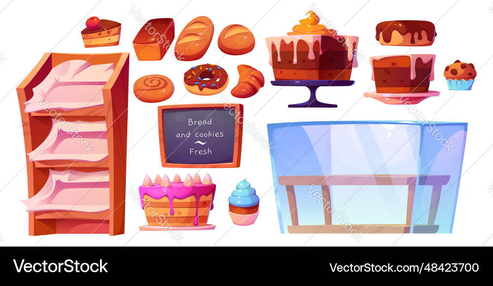 Bakery shop interior cartoon elements Royalty Free Vector