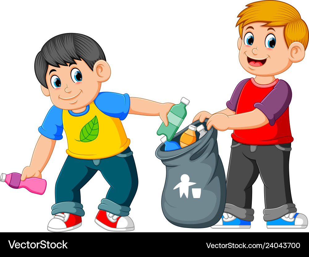 Two boys collecting rubbish Royalty Free Vector Image