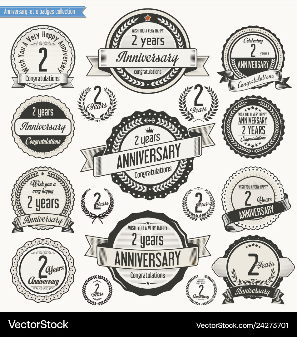 Anniversary retro badges collection 2 years Vector Image