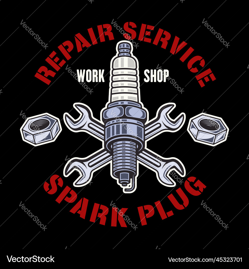 Spark plug and wrenches emblem logo badge Vector Image