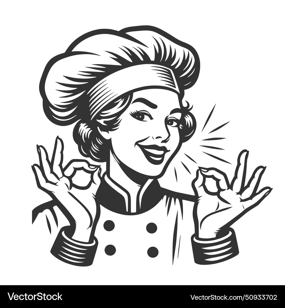Retro chef woman making okay gesture sketch Vector Image