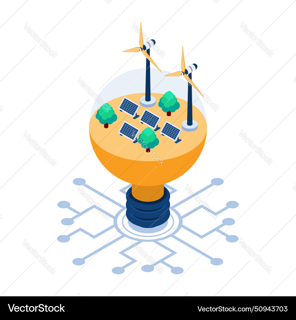 Isometric solar cell and wind turbine inside Vector Image