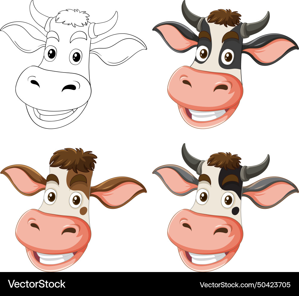 Four stylized cow faces showing different emotions