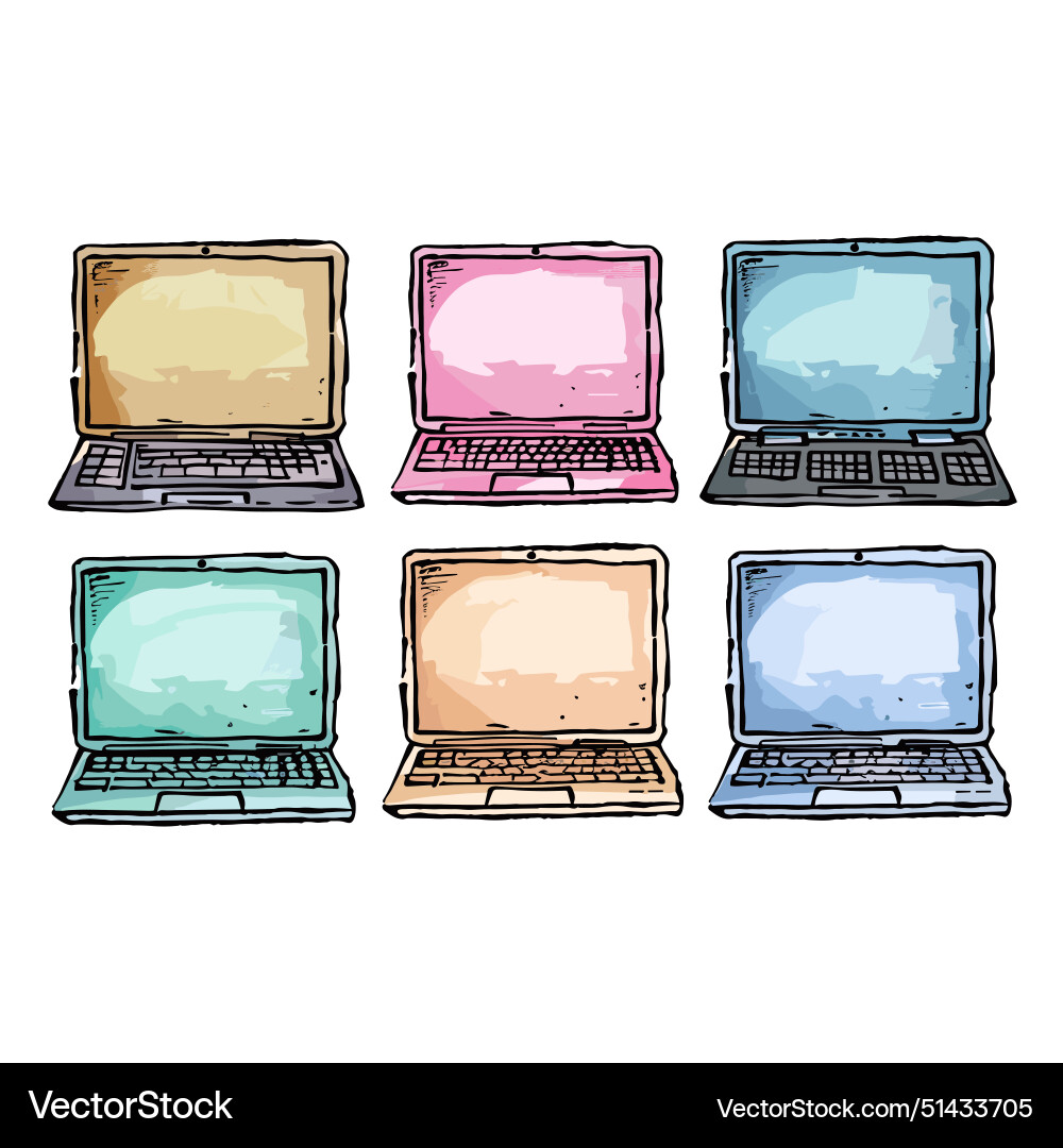 Six colorful handdrawn laptops depicted unique Vector Image