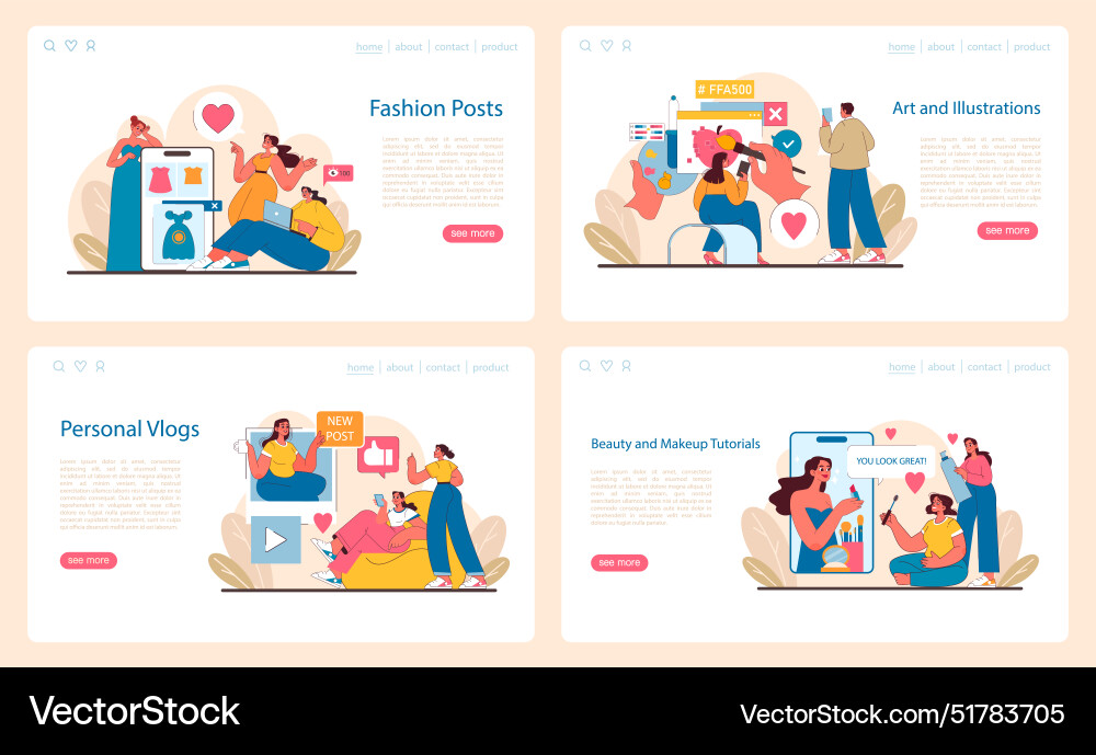Social media content set diverse online Royalty Free Vector