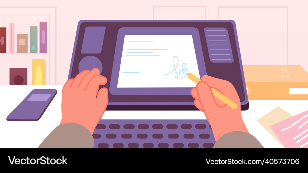 Digital signature on screen man signs document Vector Image