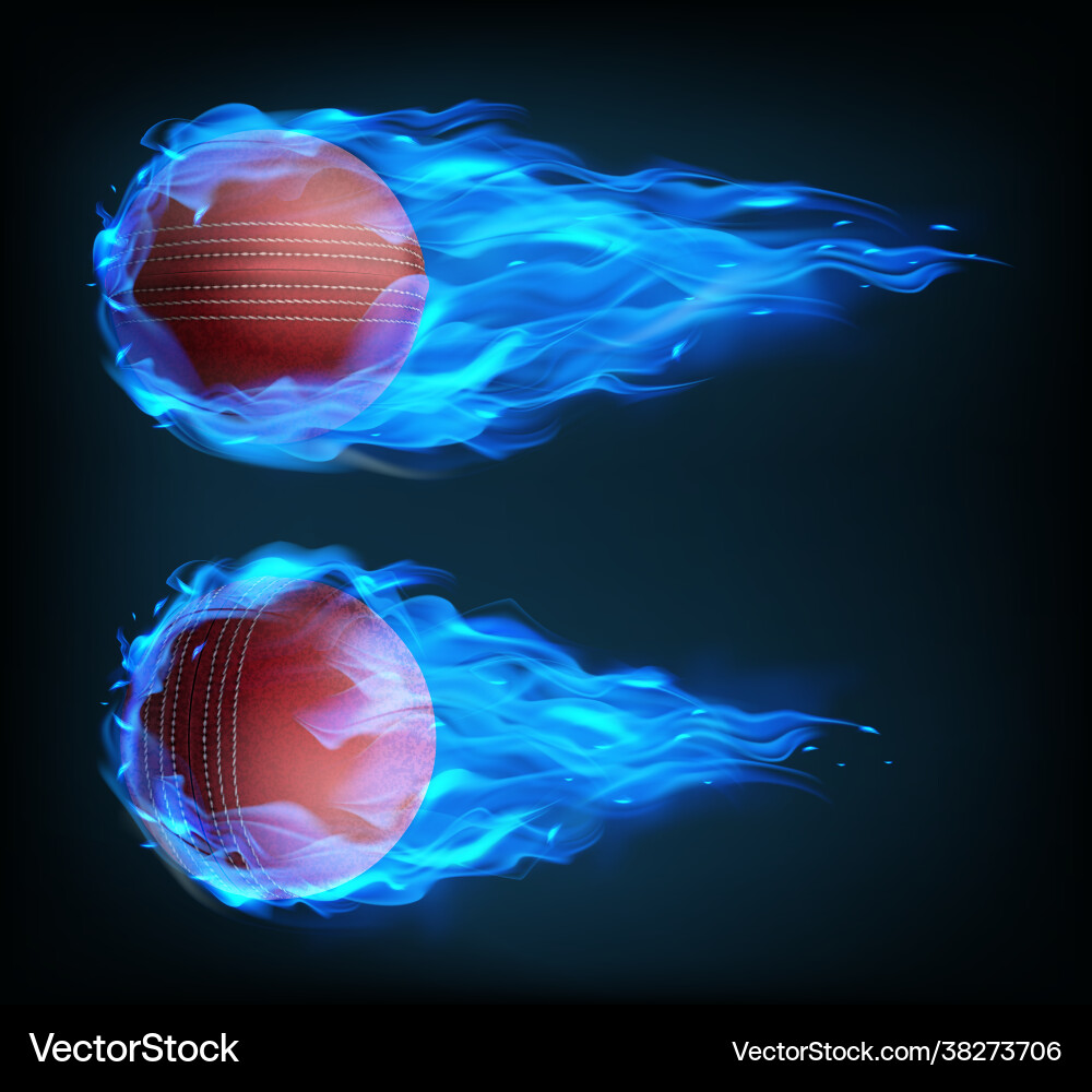 Realistic flying cricket ball in blue fire Vector Image