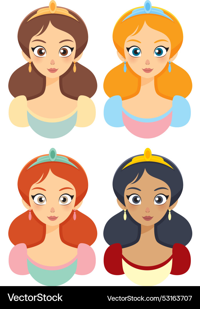 Four diverse princess with unique hairstyles Vector Image