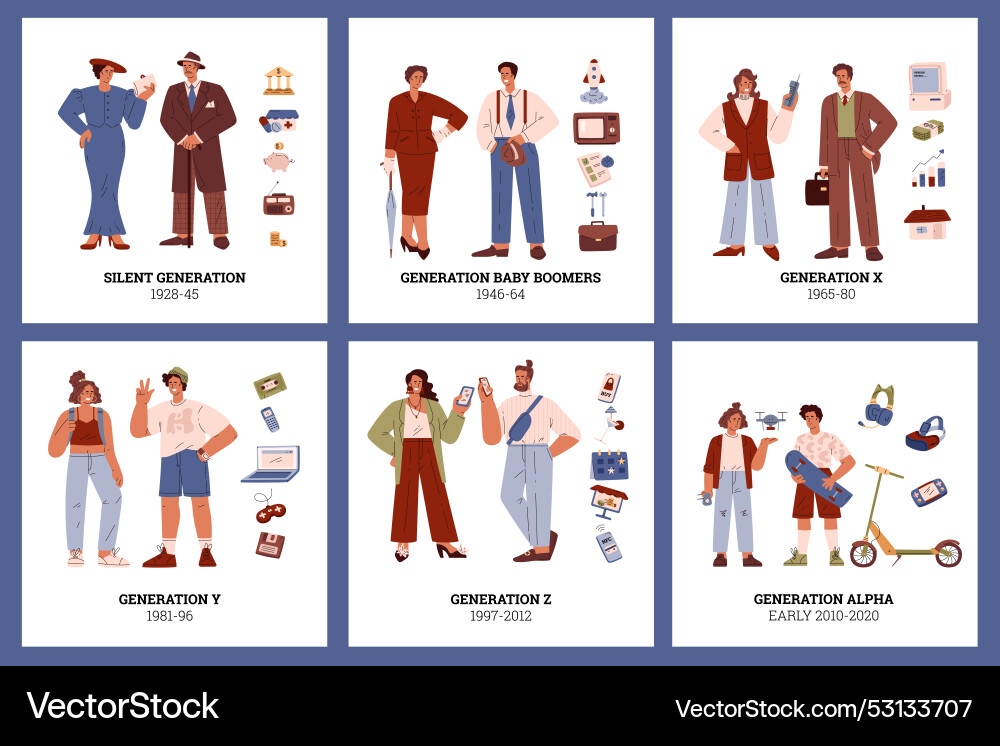 People generations card set characters Royalty Free Vector