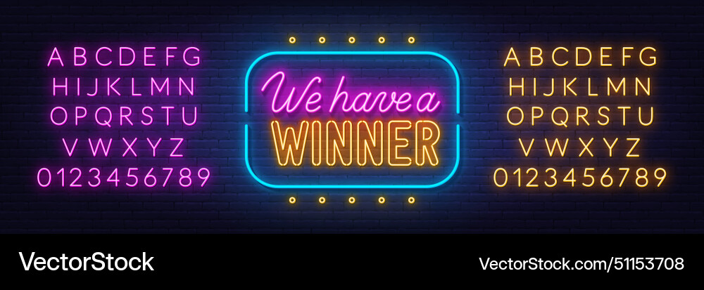 We have a winner neon sign on brick wall Vector Image