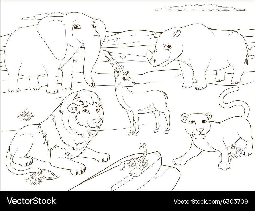 African Savannah Animals Coloring Page Royalty Free Vector