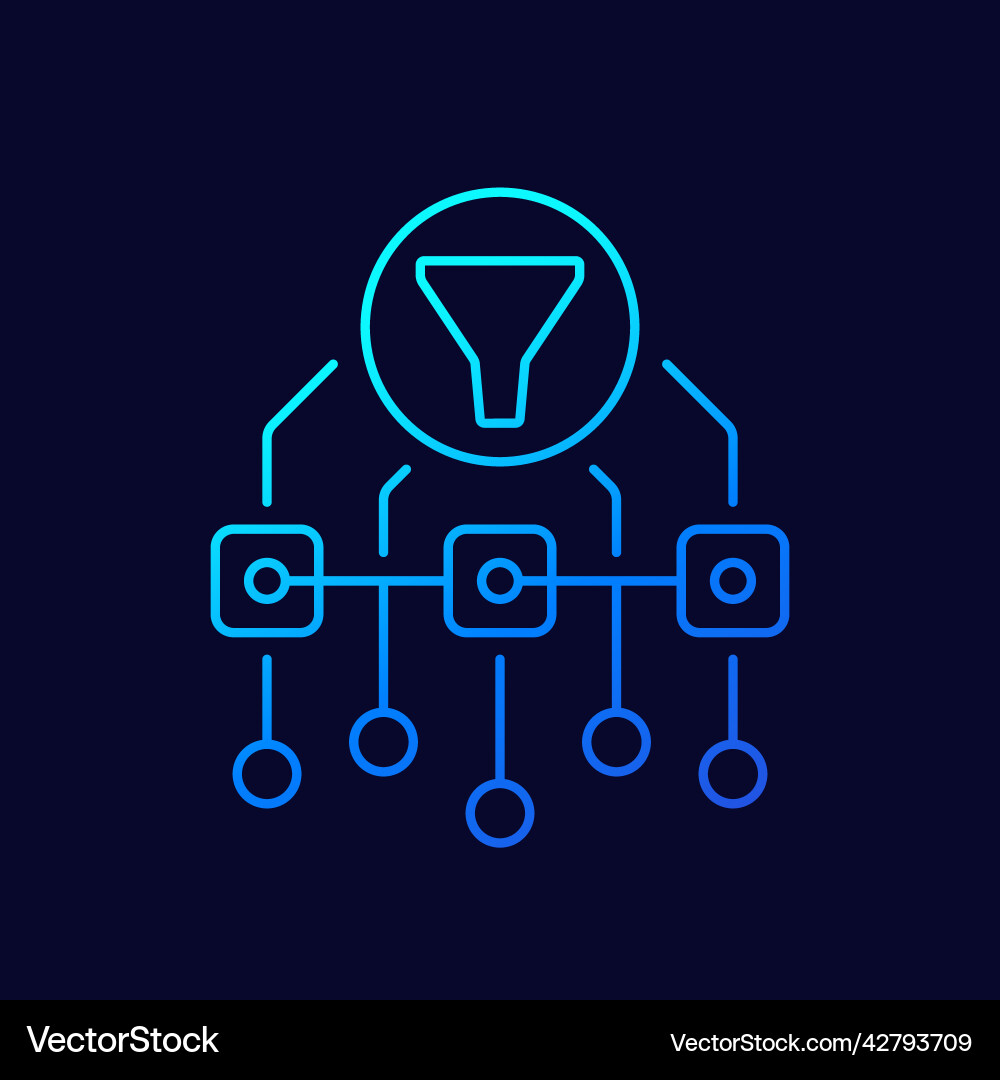 Data filtering line icon with funnel Royalty Free Vector