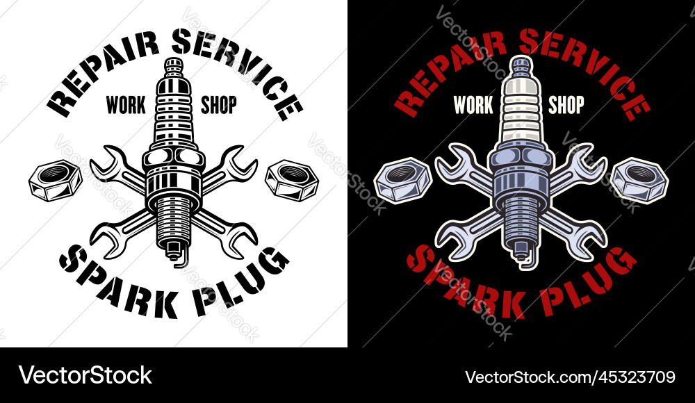 Spark plug and wrenches emblem logo badge Vector Image