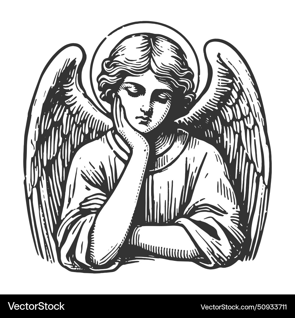Pensive bored angel sketch Royalty Free Vector Image