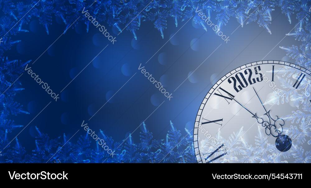 Template with new year clock 2025 and snowflakes Vector Image