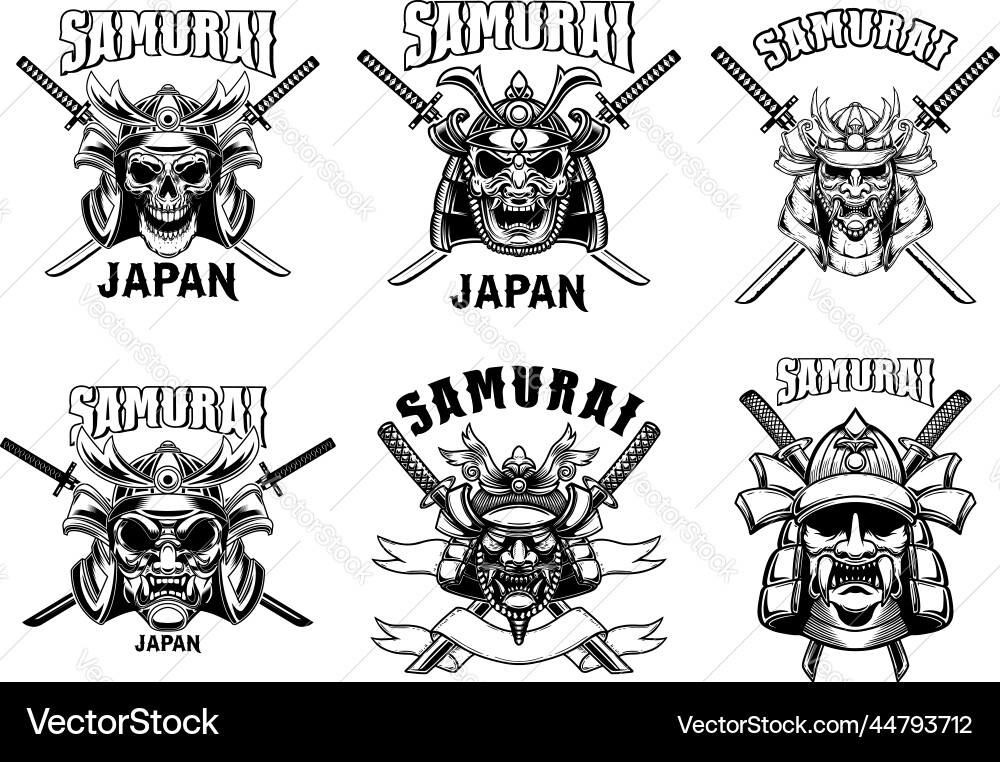 Set of emblems with samurai helmets and katana Vector Image