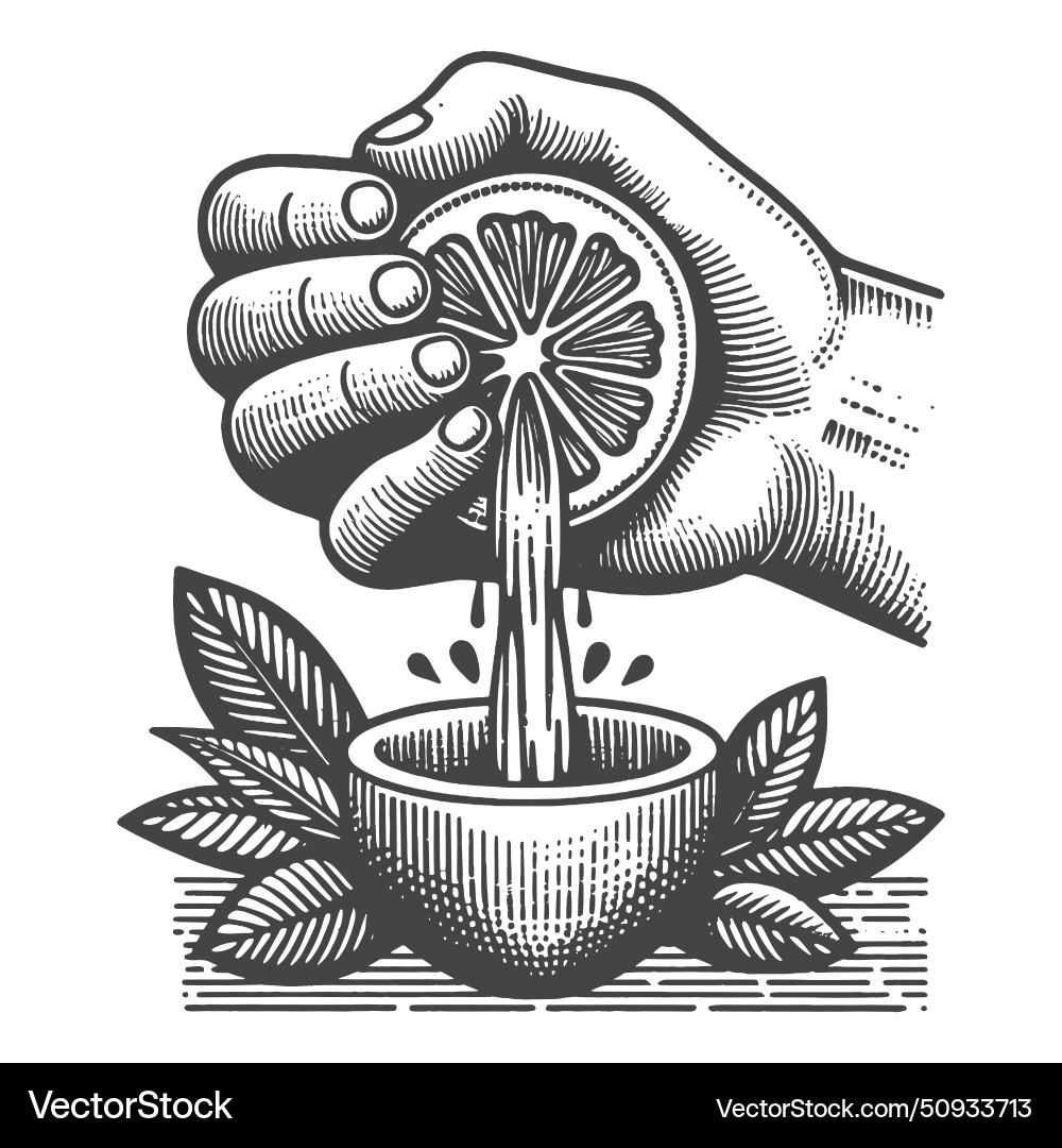 Hand squeezing lemon into bowl engraving Vector Image