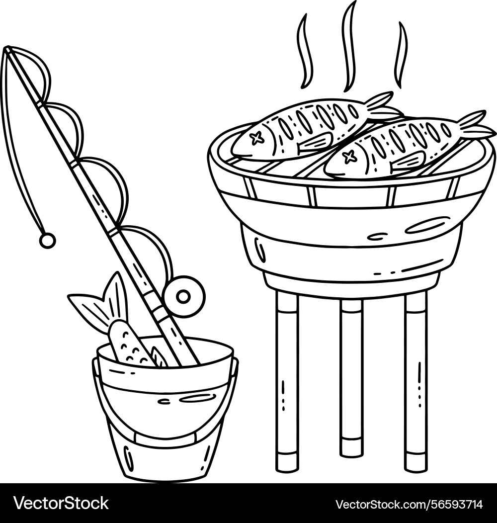 Bbq and grilling fish isolated coloring page Vector Image