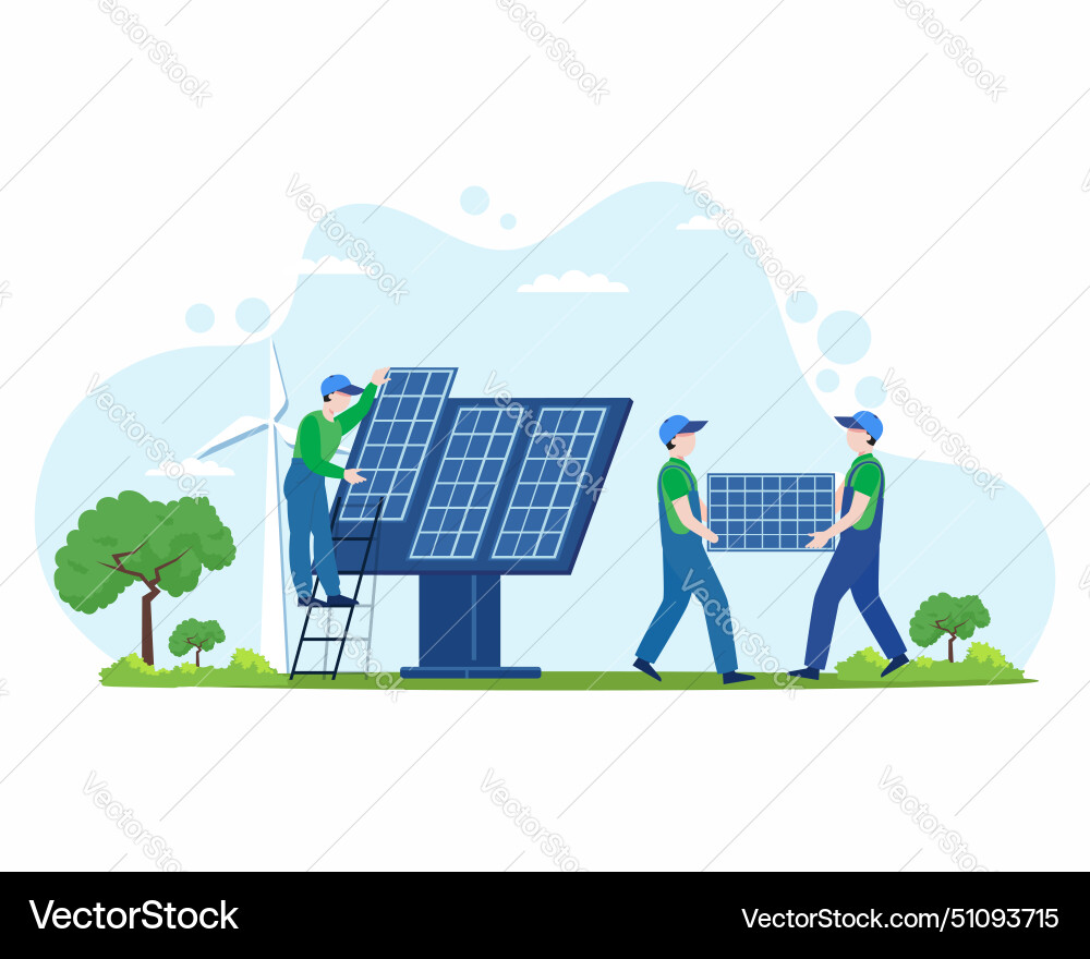 Solar panels installation worker stand on ladder Vector Image