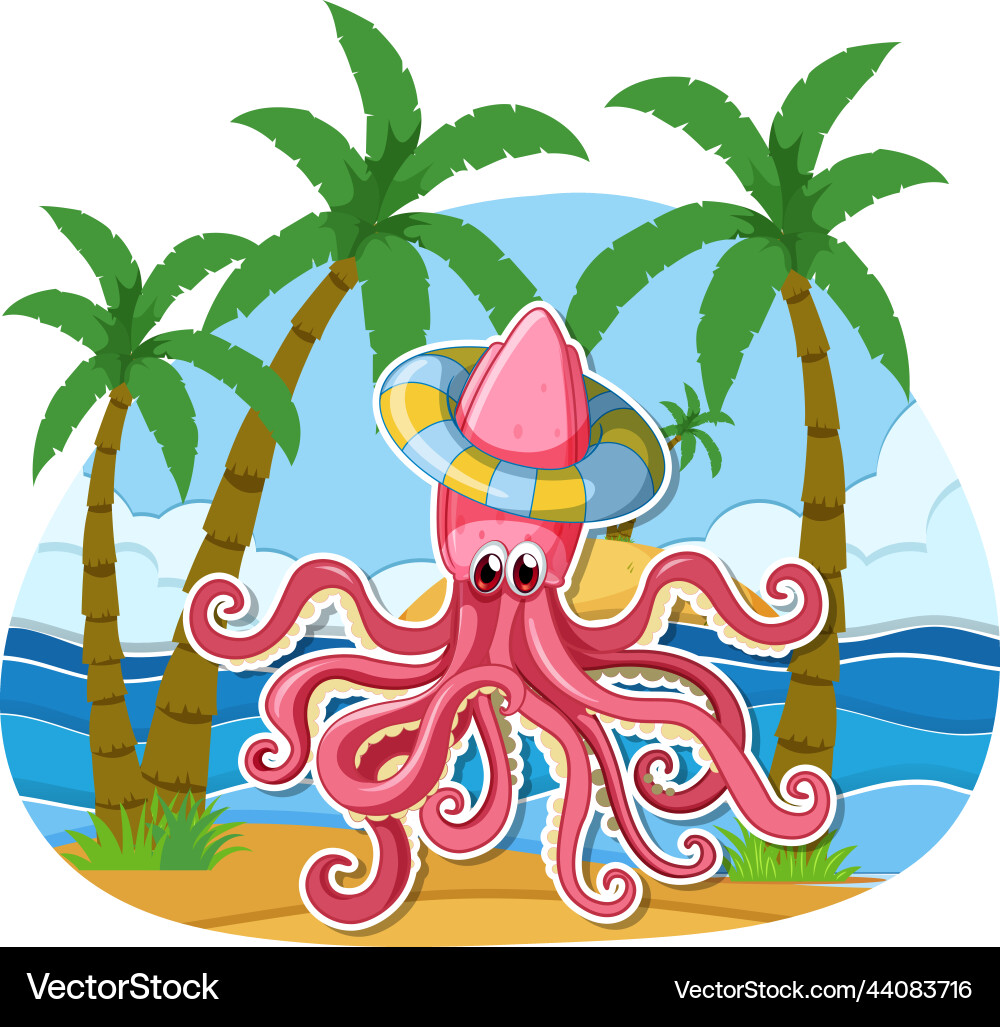Octopus cartoon character at the beach Royalty Free Vector