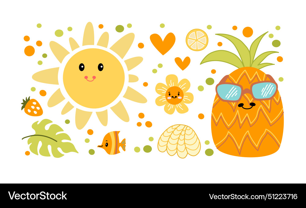 Set of cute summer characters pineapple and sun Vector Image