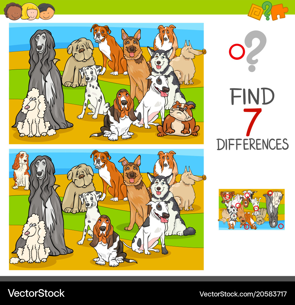 Find differences game with dog animal characters Vector Image