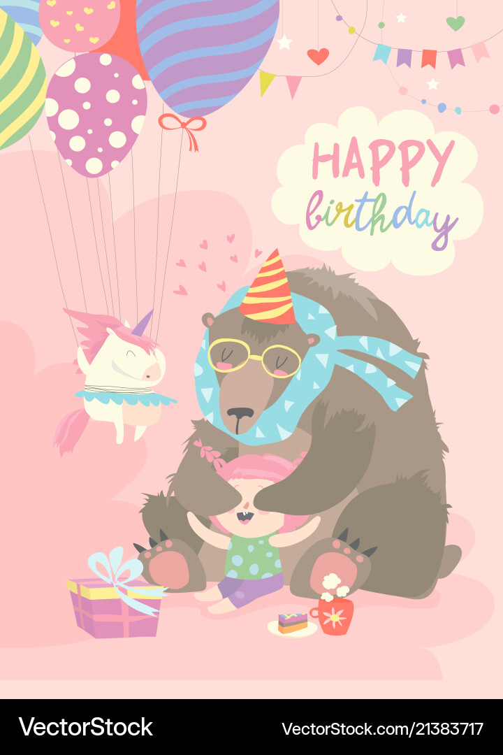 Little girl celebrating birthday with bear Vector Image
