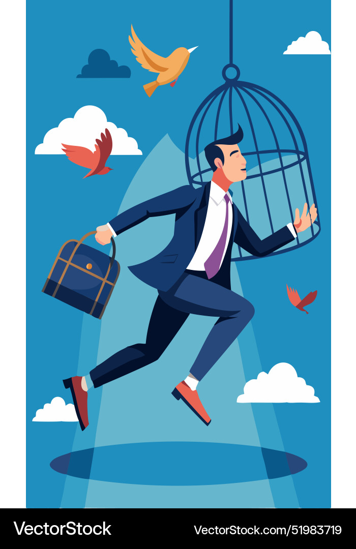 Businessman escaping birdcage Royalty Free Vector Image