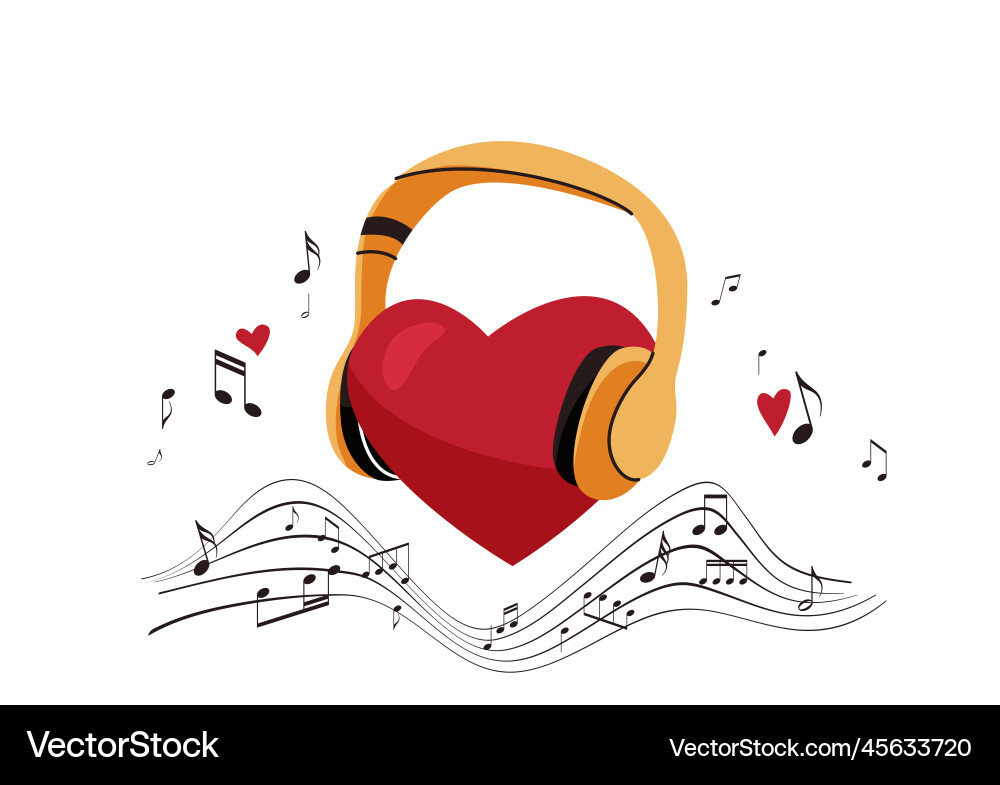 Big red heart in yellow headphone music notes Vector Image