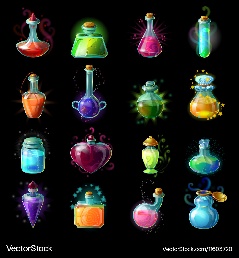 Magic bottles icon set Royalty Free Vector Image