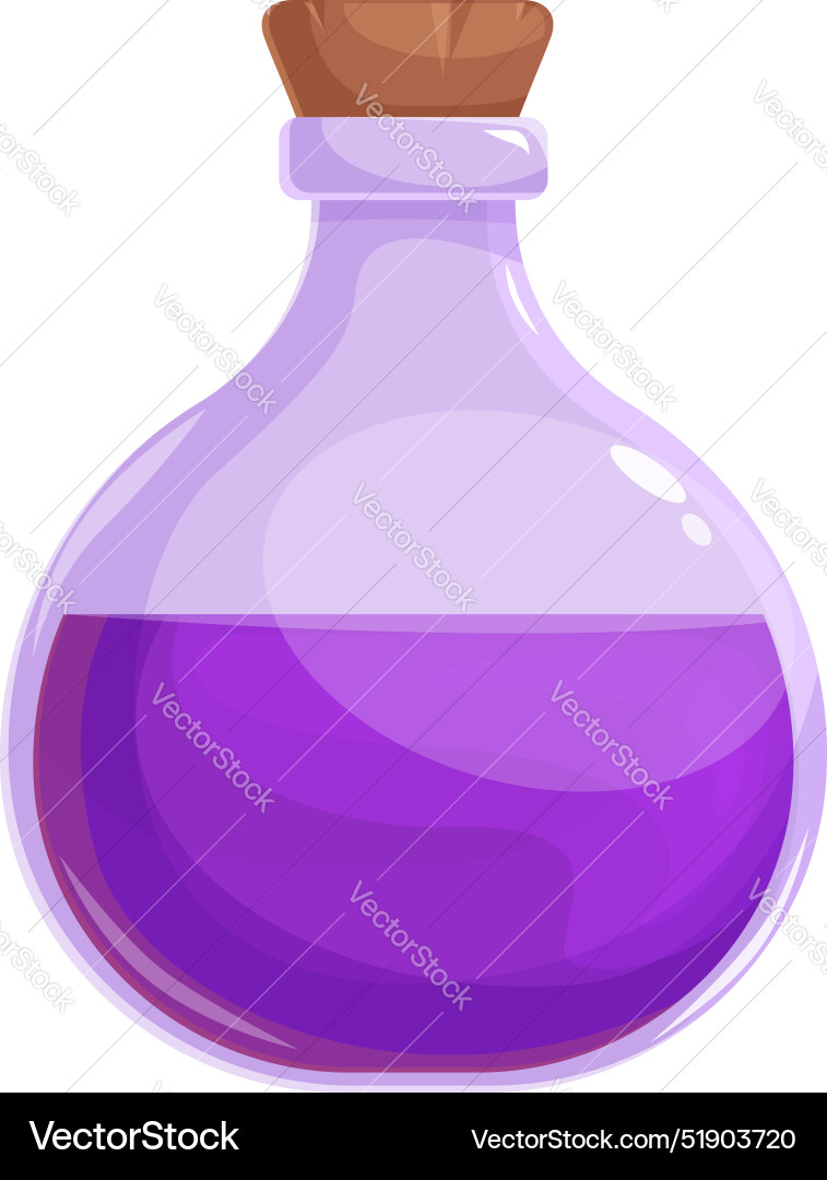 Round glass flask containing glowing purple potion