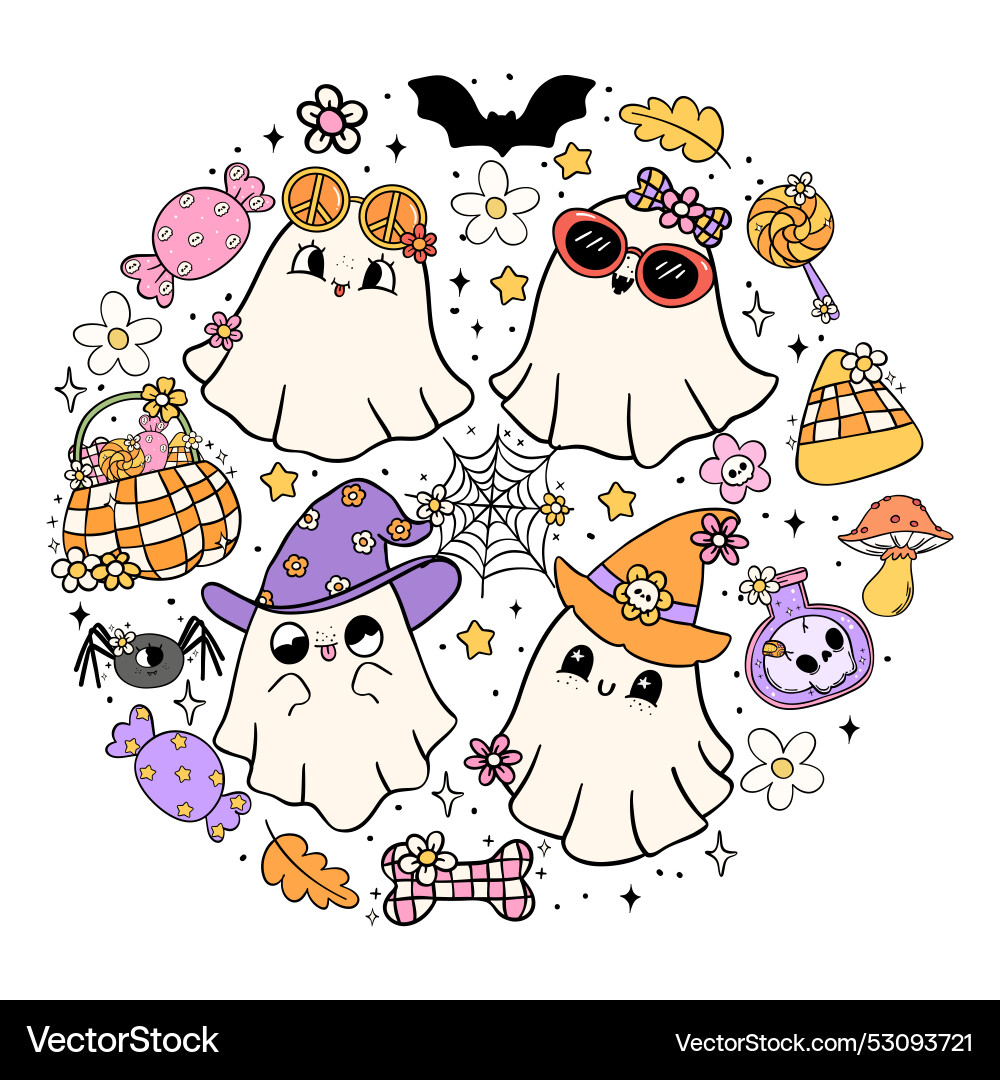 Groovy retro halloween ghost cute Royalty Free Vector Image