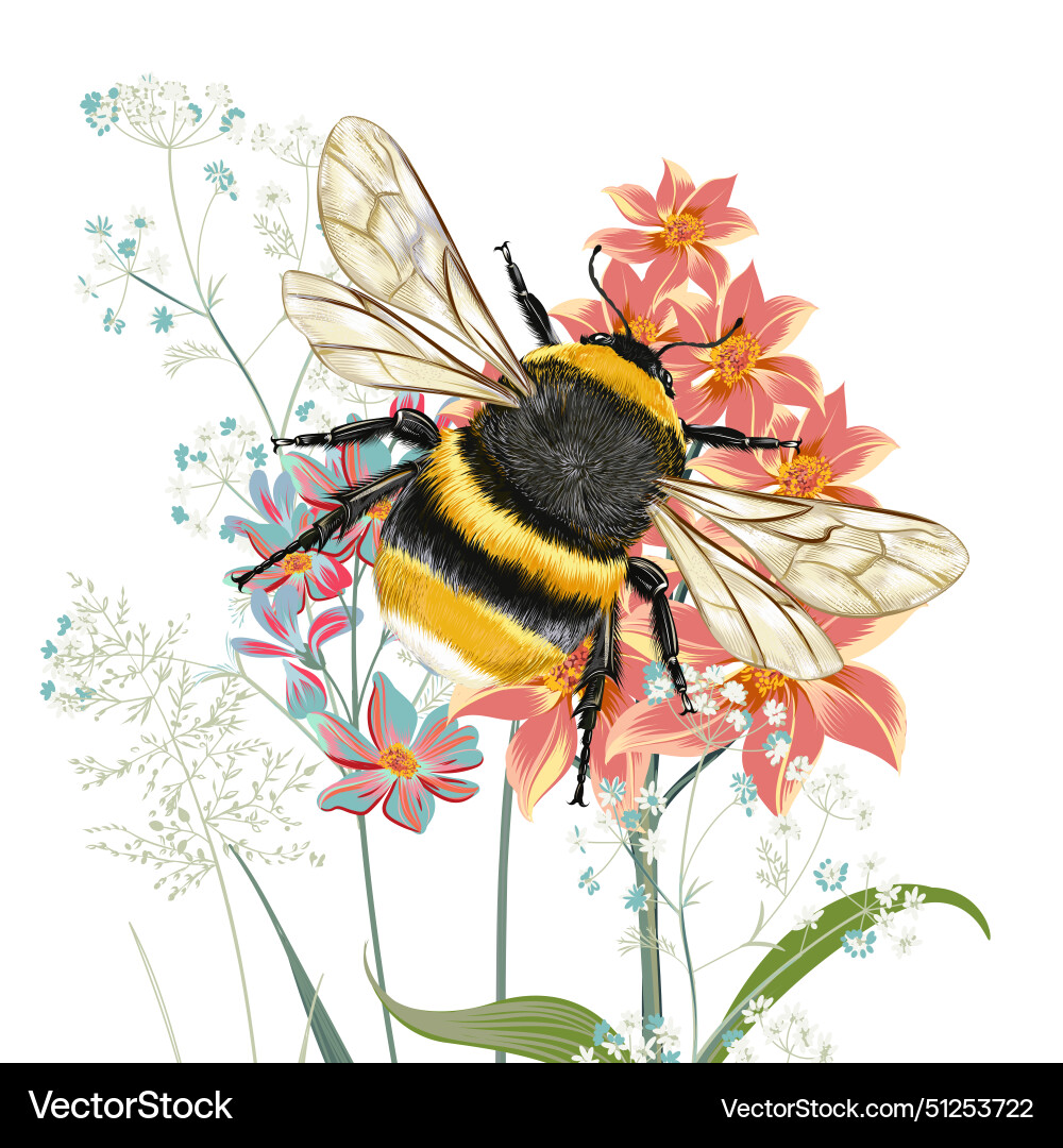 Beautiful print with realistic bumblebee Vector Image