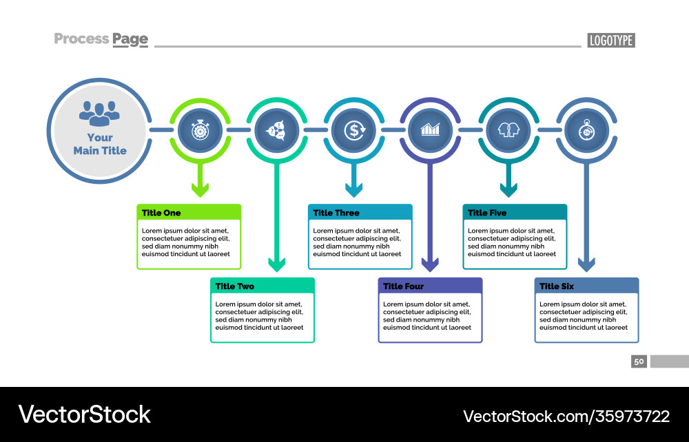 Six steps process chart slide template Royalty Free Vector