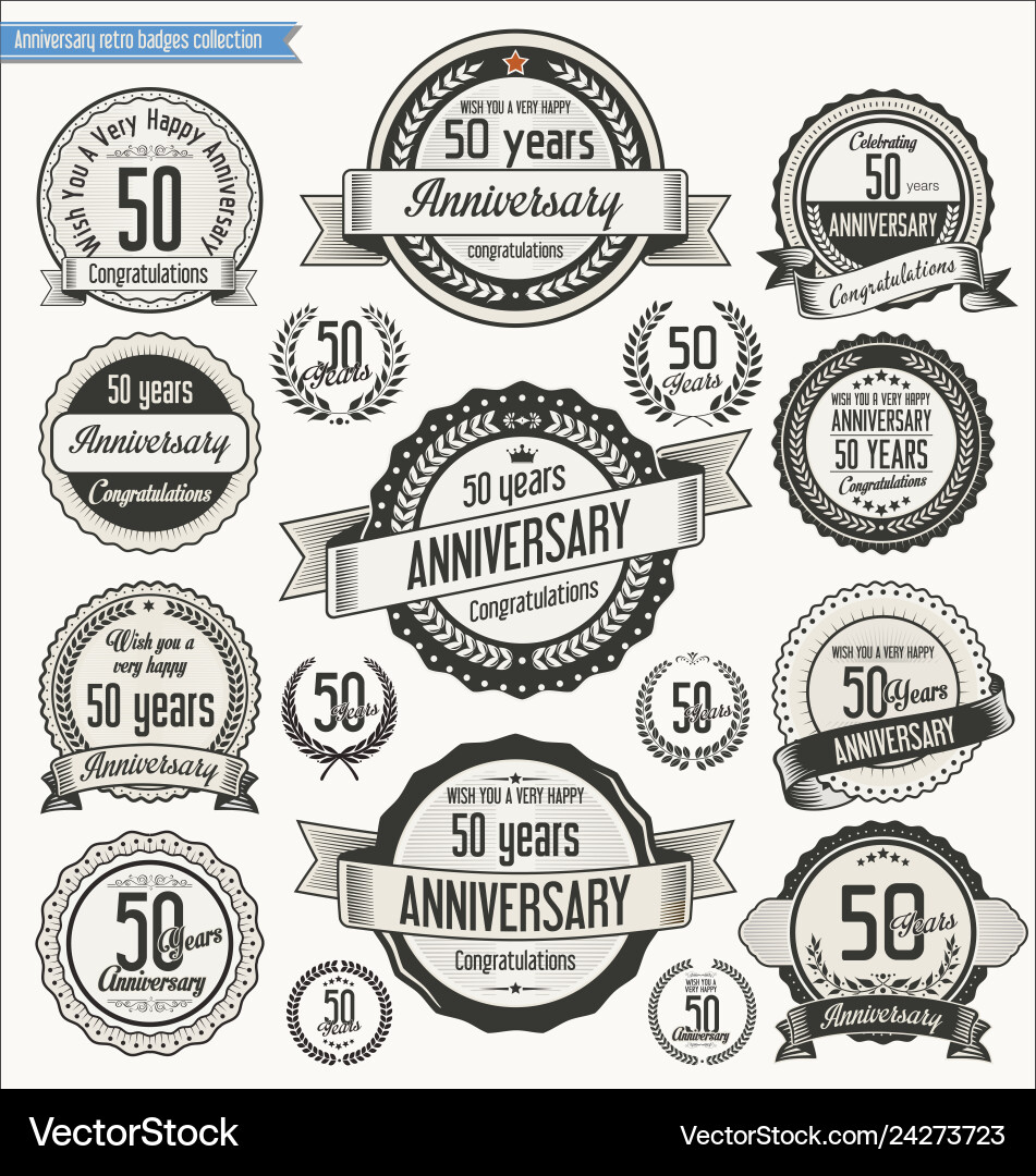 Anniversary retro badges collection 50 years Vector Image