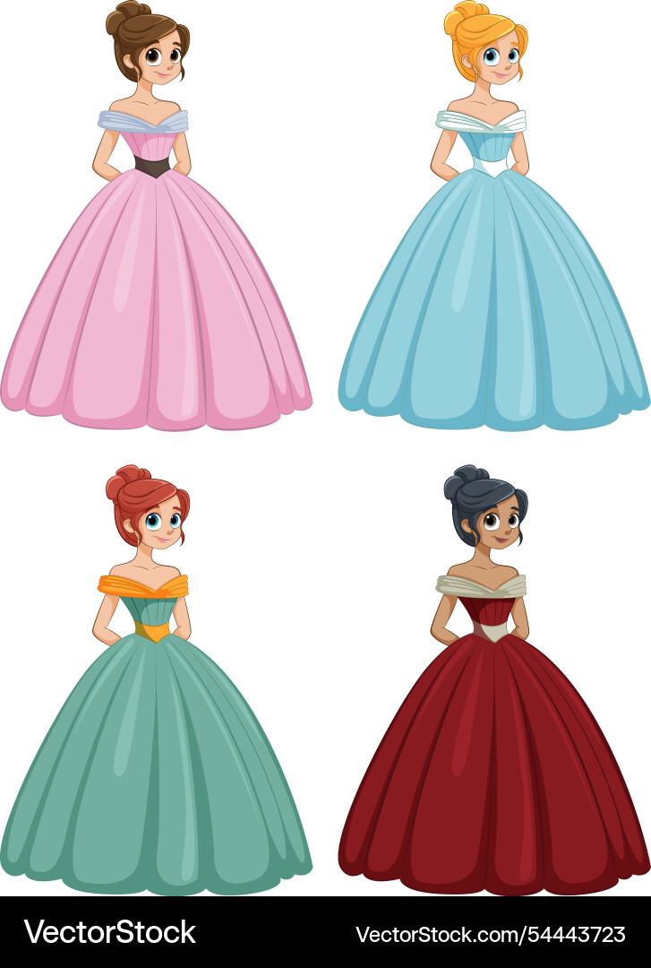 Four princesses in vibrant elegant dresses Vector Image