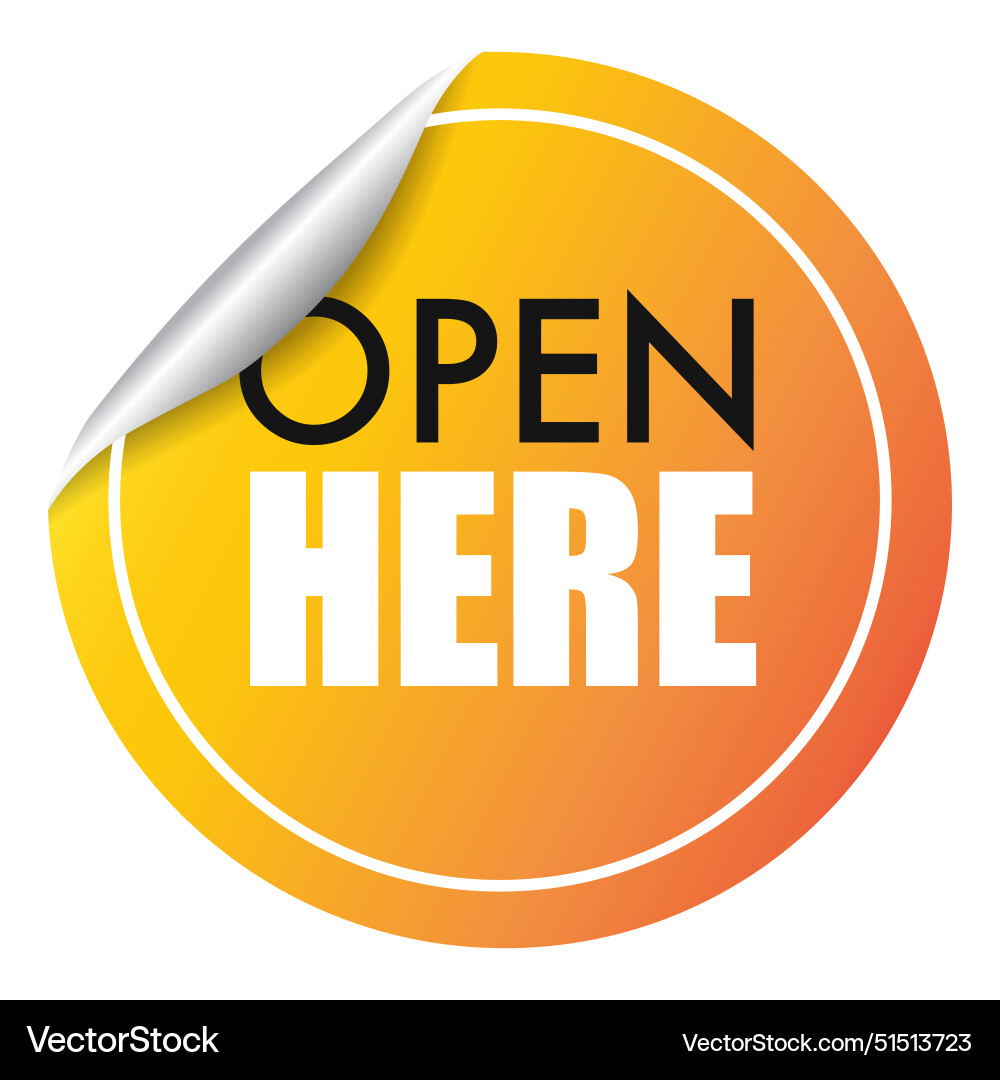Open here sticker circle shape yellow color Vector Image