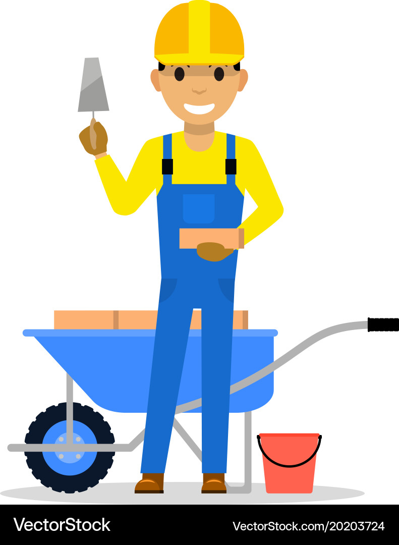 Cartoon man bricklayer stands with a brick Vector Image