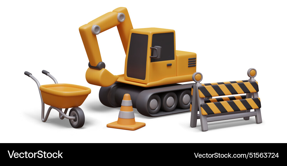 Excavator wheelbarrow signal cone mobile Vector Image