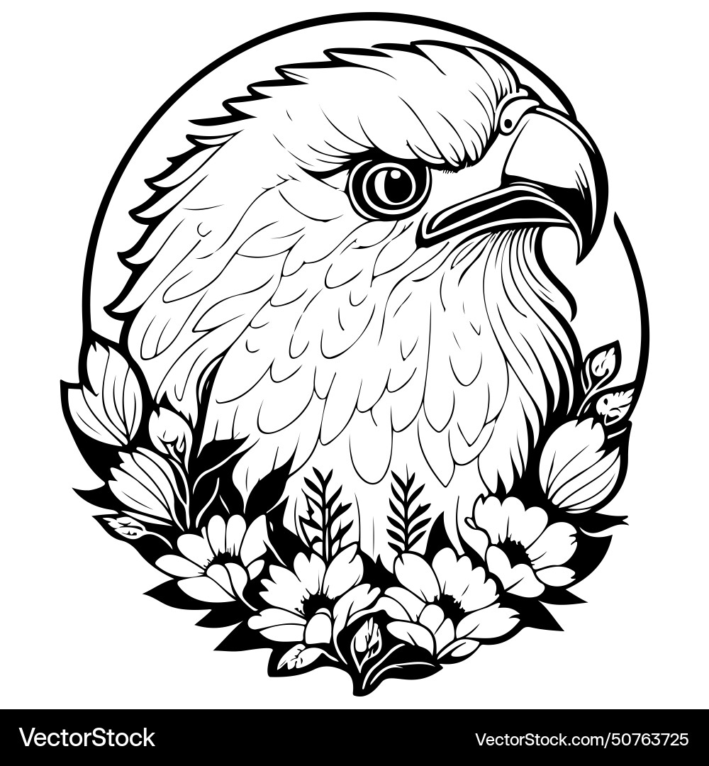 Animal eagle brave with floral sketch hand draw Vector Image