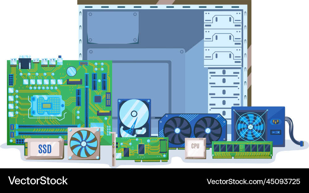 Pc components computer case with electronic Vector Image